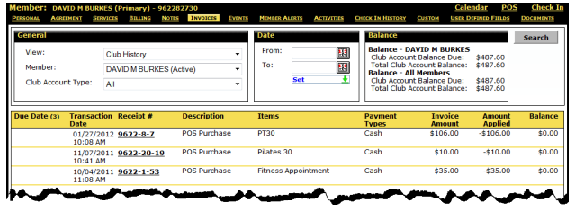 Club Account Invoices